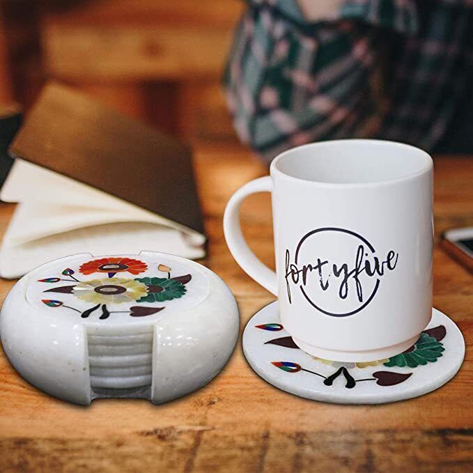 HandMade Marble Coasters With Holder & Inlay Work Set of 6 for Kitchen ...