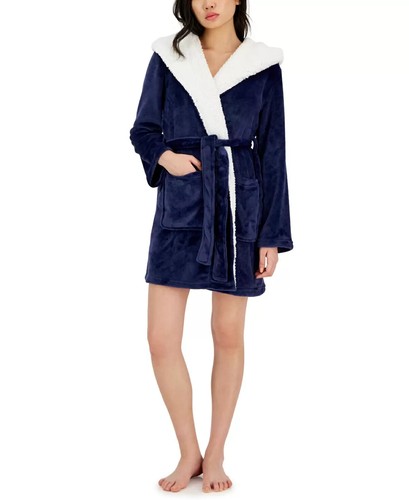 Womens Short Sherpa Hooded Robe Good Night Blue Size XS/S JENNI $69 ...