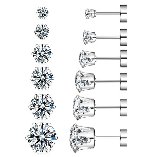 6 Pairs Women Girls Stud Earrings Set Stainless Steel CZ Screw Flat ...