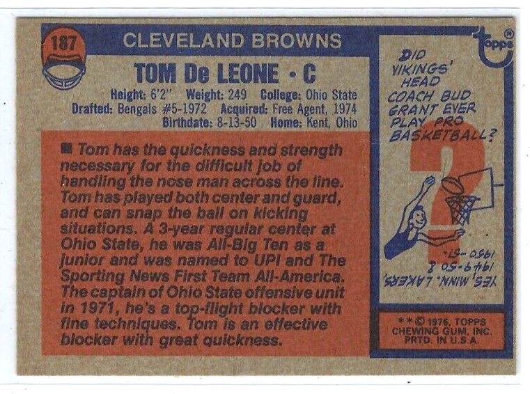 1976 Topps Football #187 - Tom DeLeone - Cleveland Browns | eBay