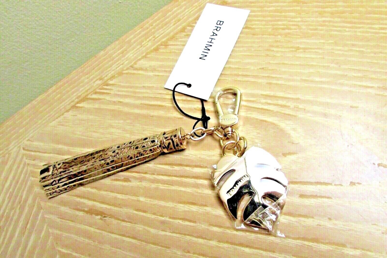 Brahmin CASHEW Palm Leaf Leather Tassel Purse Charm Key Chain Fob Tan ...