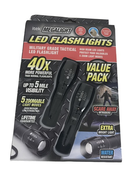 2 Pack iTek Megalight Waterproof 40x LED Compact Tactical Flashlights ...