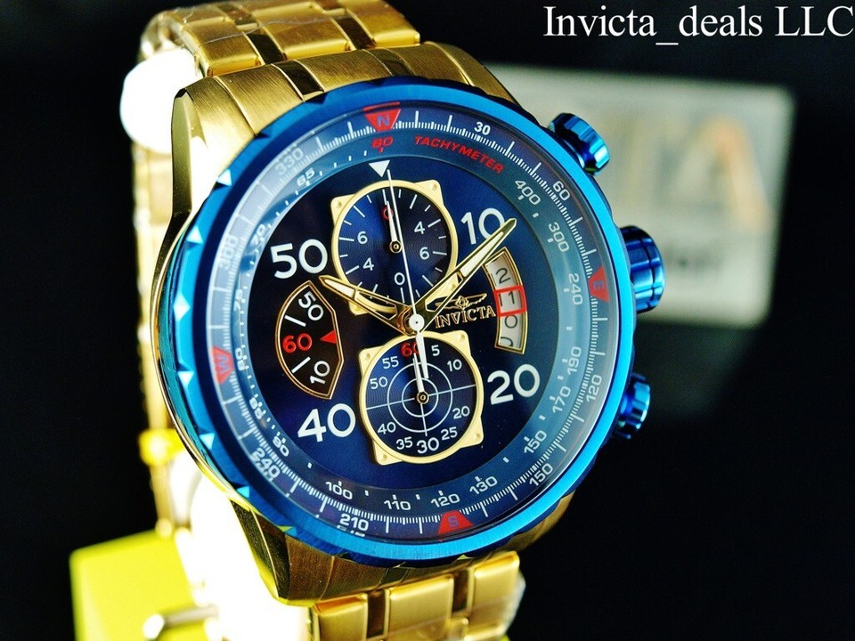 Invicta Men's 48mm AVIATOR Chronograph BLUE DIAL Gold Tone Blue Bezel ...