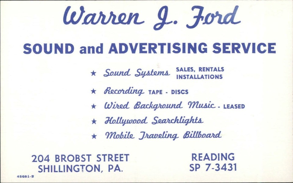 Shillington Reading PA Ford Sound & Advertising Vans Trucks Card ...