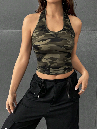 Casual Sexy Camouflage Knitted Women's Cropped Halter Tank Top Backless ...