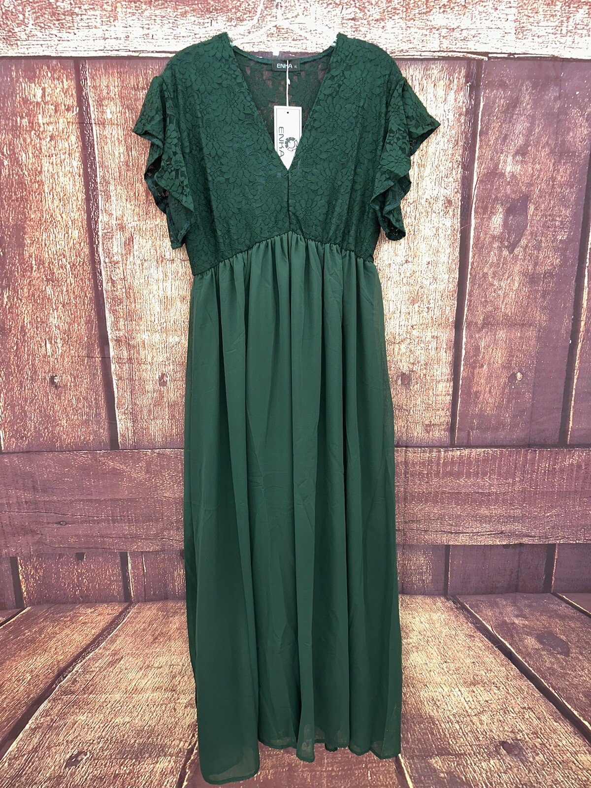 Enka Formal Vneck Dress, Lace Bodice, Elastic Waist, Flutter Sleeve ...