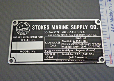 Stokes Marine Supply Vintage Marine Engine Brass I.D. Plate NOS NICE ...