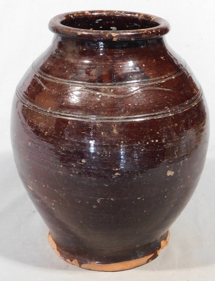 Antique redware storage jar early 19th century lead glaze incise ...