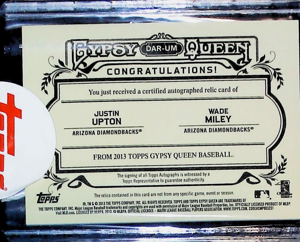 2013 TOPPS GYPSY QUEEN DAR- UM JUSTIN UPTON WADE MILEY DUAL RELIC AUTO ...