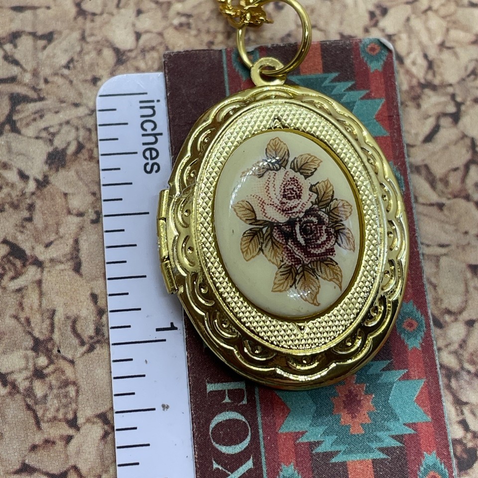 Vintage Style ROSE Cameo Locket Pendant Necklace Roman Woman Gold Tone ...