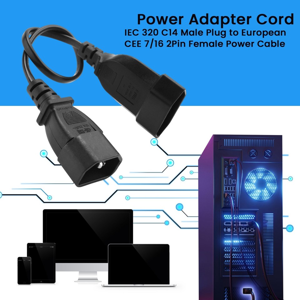 Adapter Cord , IEC 320 C14 Male Plug to European CEE 7/16 2Pin Female ...