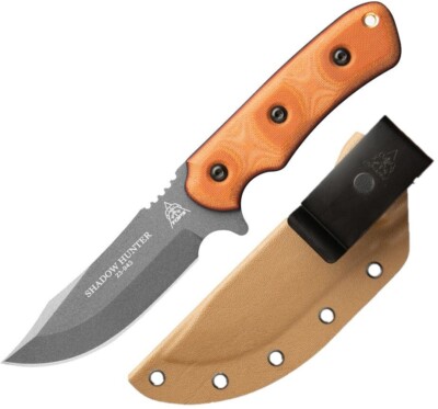 TOPS Shadow Hunter Fixed Knife 4.5" 1095HC Steel Blade Black/Tan Canvas ...