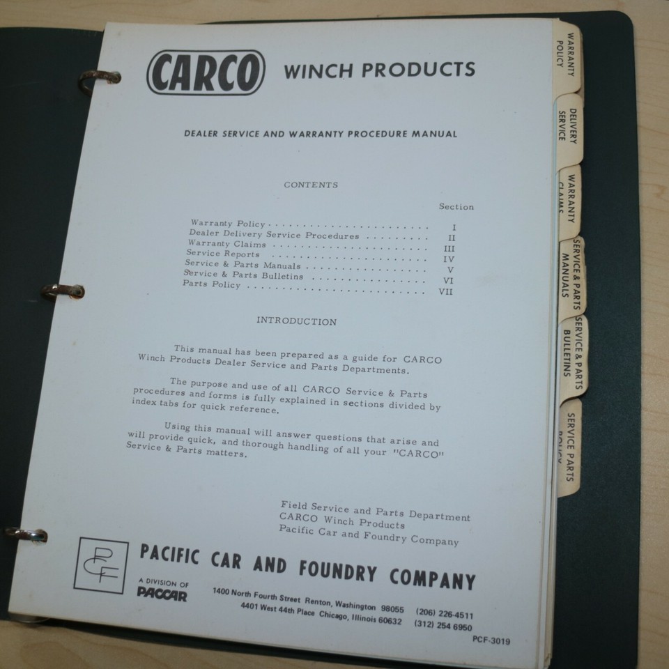 CARCO Winch Dealer Service Report Bulletin Warranty Manual Parts Owner ...