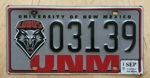 UNIVERSITY OF NEW MEXICO LOBO COLLEGIATE LICENSE PLATE " 03139 " NM GO ...