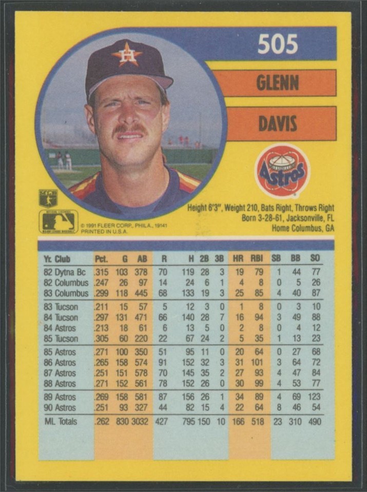 1991 Fleer Glenn Davis Houston Astros #505 | eBay