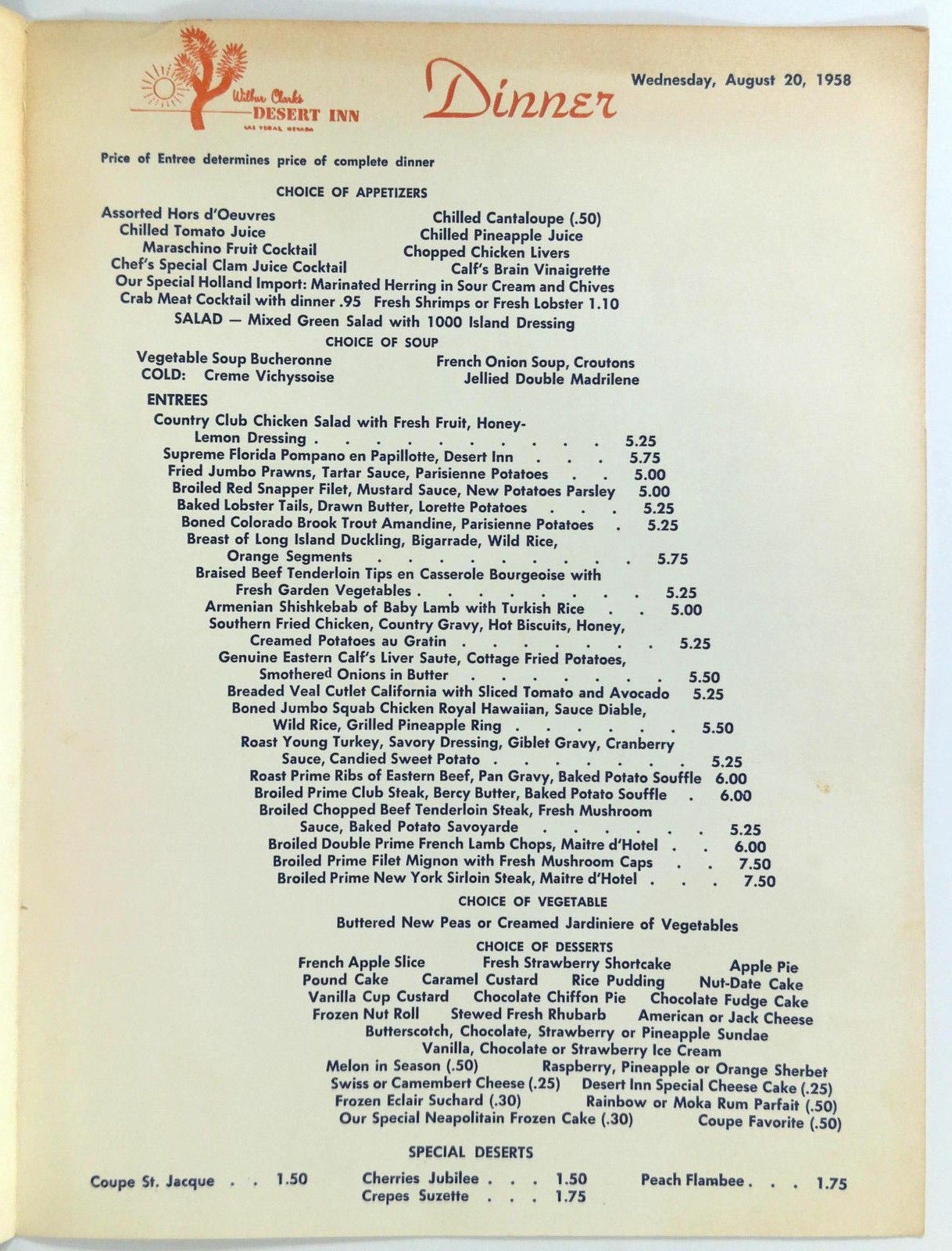 1958 Vintage Menu WILBUR CLARK'S DESERT INN Painted Desert Room Las ...