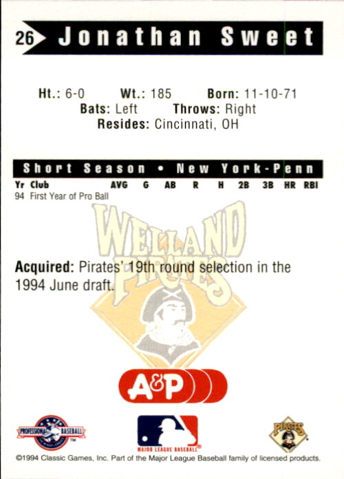 1994 Welland Pirates Classic #26 Jonathan Sweet Cincinnati Ohio OH ...