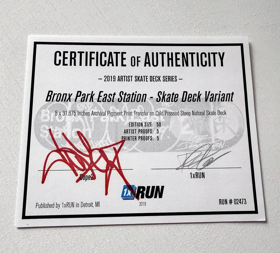 Cope 2, 'Bronx Park East Station', 2020 Skateboard 1XRUN Signed COA ...