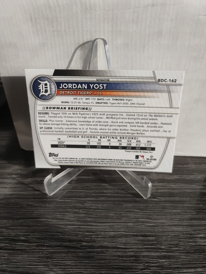 Jordan Yost 2025 Bowman Baseball Draft Chrome Refractor Detroit Tigers ...