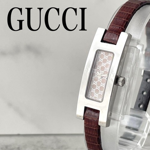Gucci Women's Rectangular GG Dial Quartz Watch Brown Leather, Used ...