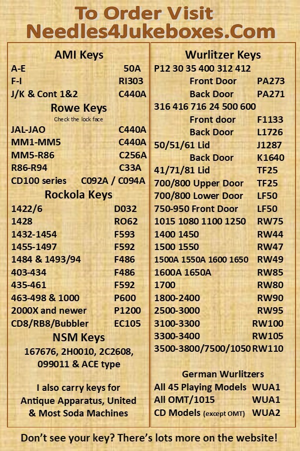 1 Seeburg Jukebox Cabinet Key F278 F330 F336 F205 F291 F293 S102 F333 ...