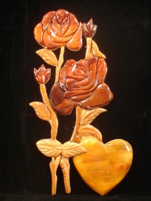 Hand crafted 3D Intarsia Wood Art ROSE HEART Sign Wall Plaque | eBay