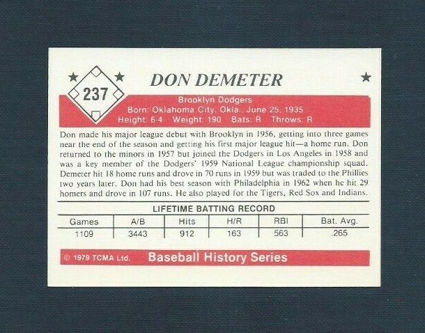 DON DEMETER Brooklyn Dodgers Signed Autographed 1979 TCMA Baseball Card ...