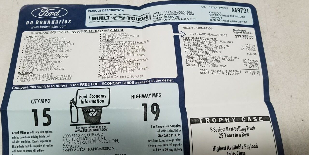 2003 Ford F150 Original Dealer Window Sticker | eBay