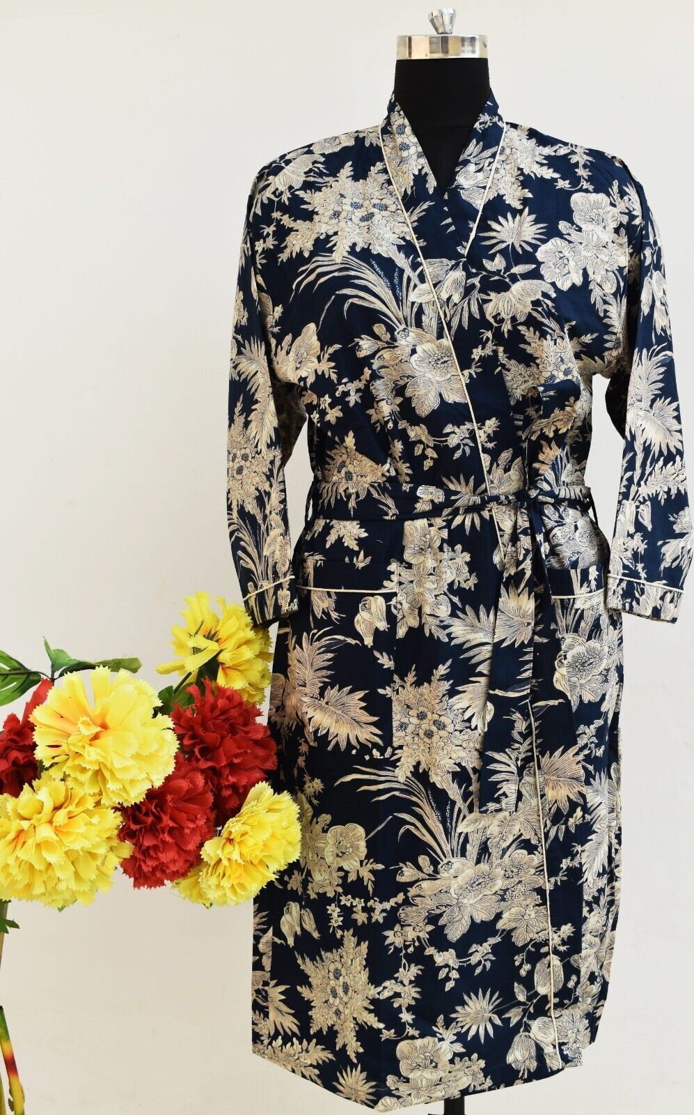 Black Floral Long Kimono Bath Robes, Indian Bridal Shower Cover up ...