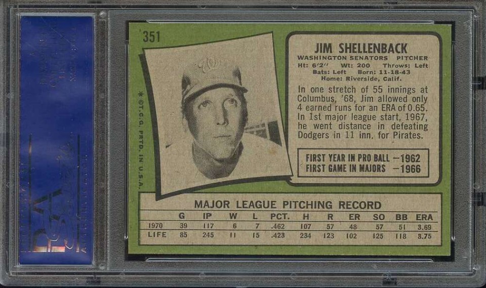 1971 TOPPS #351 JIM SHELLENBACK PSA 8 SENATORS *B71715 | eBay