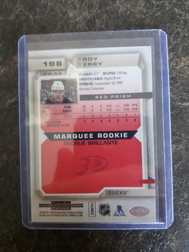 2018-19 O-Pee-Chee Marquee Rookie Red Prism 102/199 Troy Terry Card ...