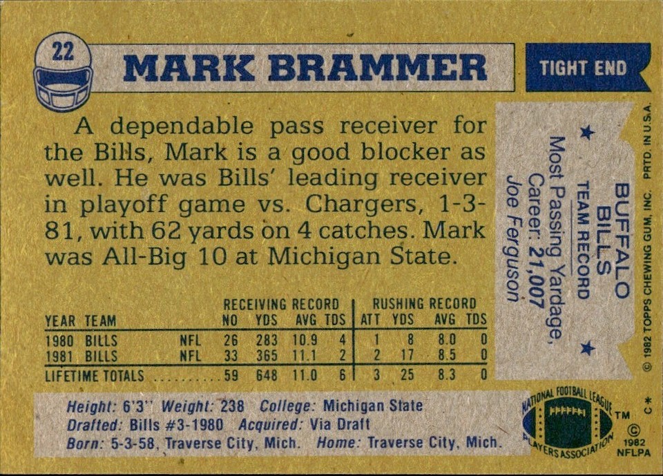 1982 Topps Mark Brammer Buffalo Bills #22 | eBay