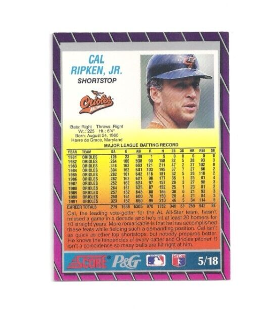 MLB 1992 Score Procter & Gamble CAL RIPKEN, JR. #5 Baltimore Orioles ...