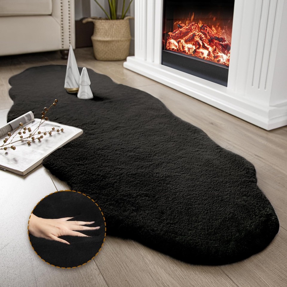 Ultra Soft Faux Rabbit Fur Chair Couch Cover Area Rug 2x6 Feet - Black ...