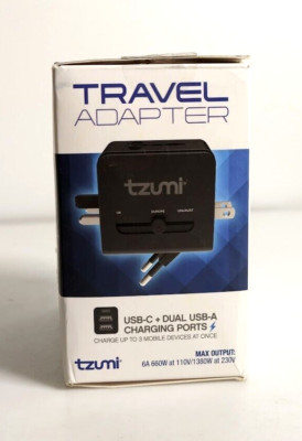 Tzumi Universal Dual USB and USB-C Travel Adapter 6A 250V Plug-In Black ...