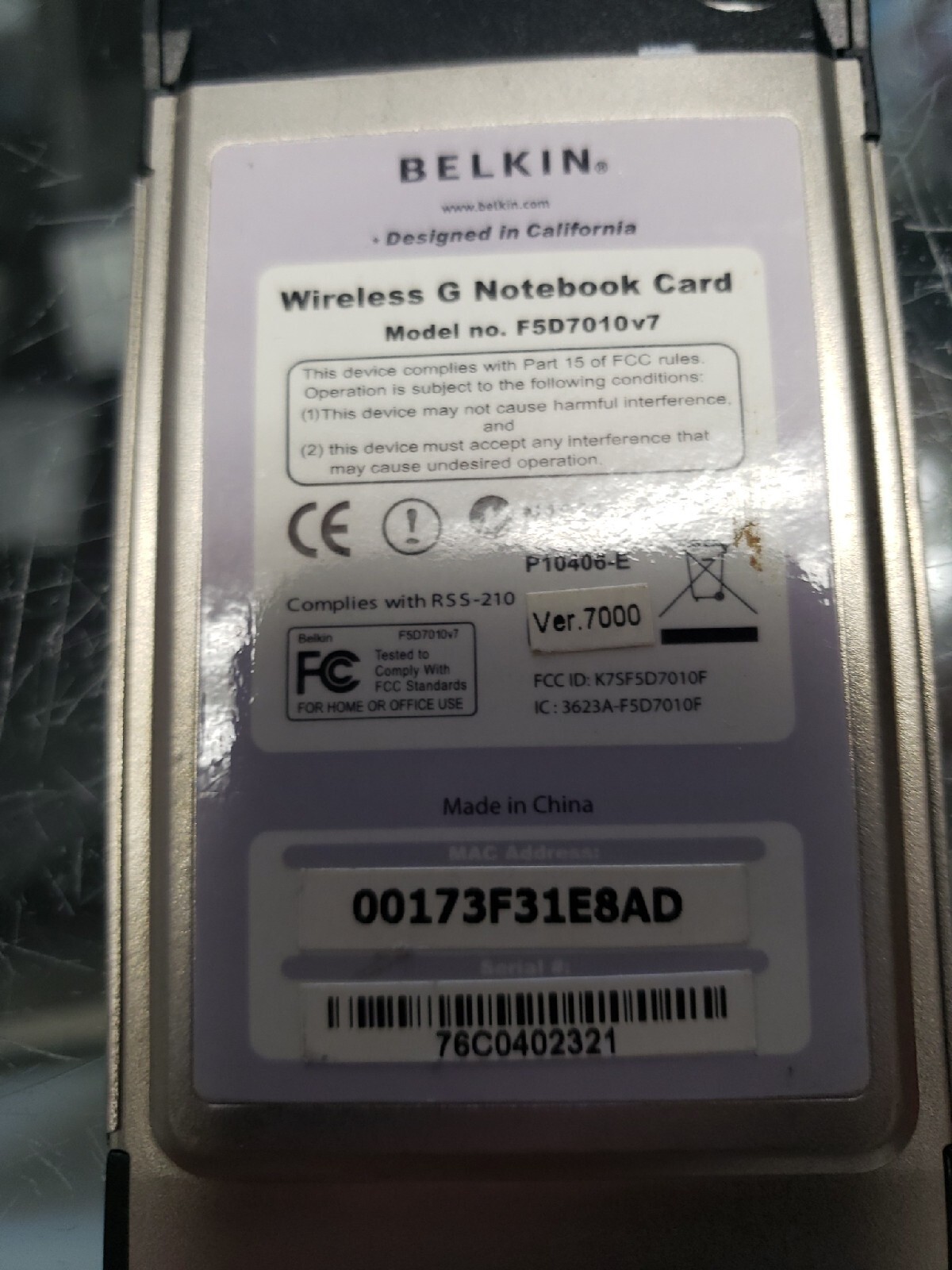 Belkin Wireless G Notebook Card F5D7010v7 WIRELESS G P10408-A FREE SHIP ...