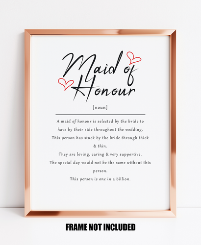 Maid of honour definition art print, bridal party gift, cheif ...