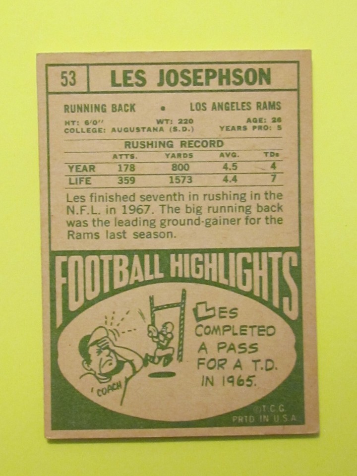 1968 Topps "Rookie", Les Josephson, Los Angeles Rams #53 + 3 Bonus ...