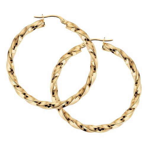 9CT GOLD HOOP EARRINGS ROUND 36MM TWISTED SQUARE TUBE CREOLE SLEEPER ...
