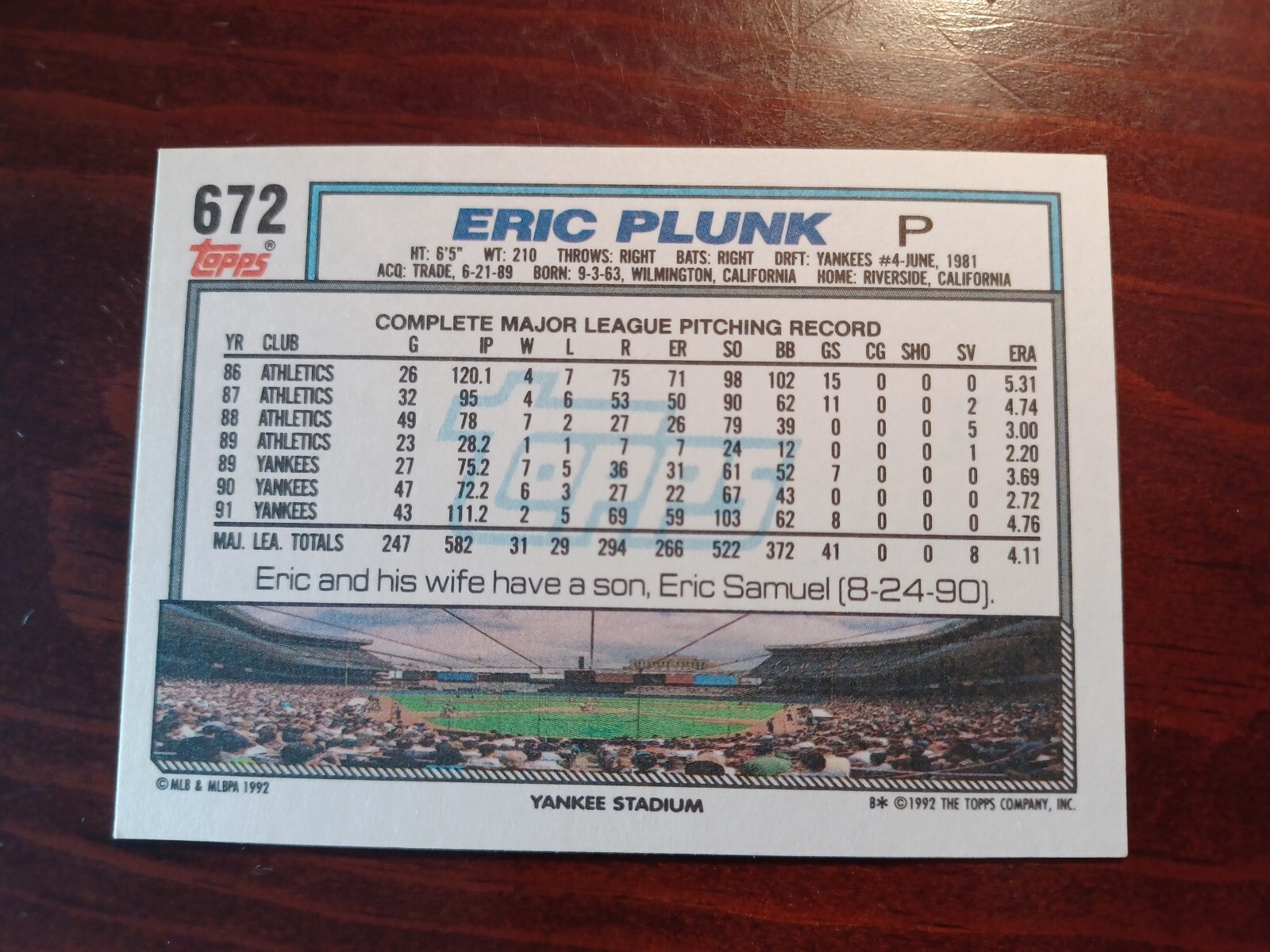ERIC PLUNK 1992 Topps #672 autographed signed baseball card YANKEES 92 ...