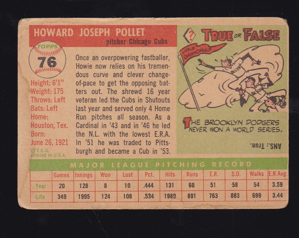 1955 Topps Howard Pollet #76 Chicago Cubs | eBay