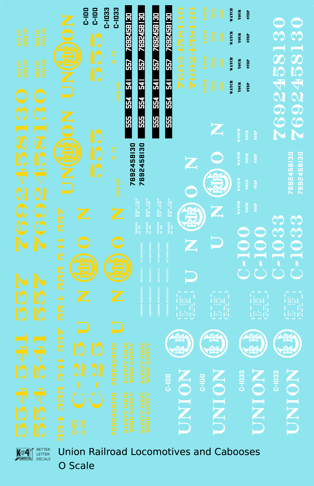 K4 O Scale Decals Union Railroad Locomotive and Caboose Yellow and ...