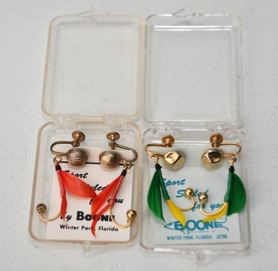 2 Pr Vtg BOONE BAIT CO Fly Fishing Flies Gold Tone Earrings Green ...
