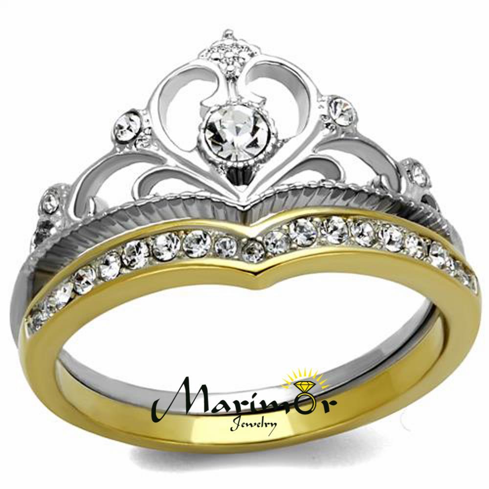 2 Tone Princess Royalty Crystal Crown Stainless Steel Wedding Ring Set ...