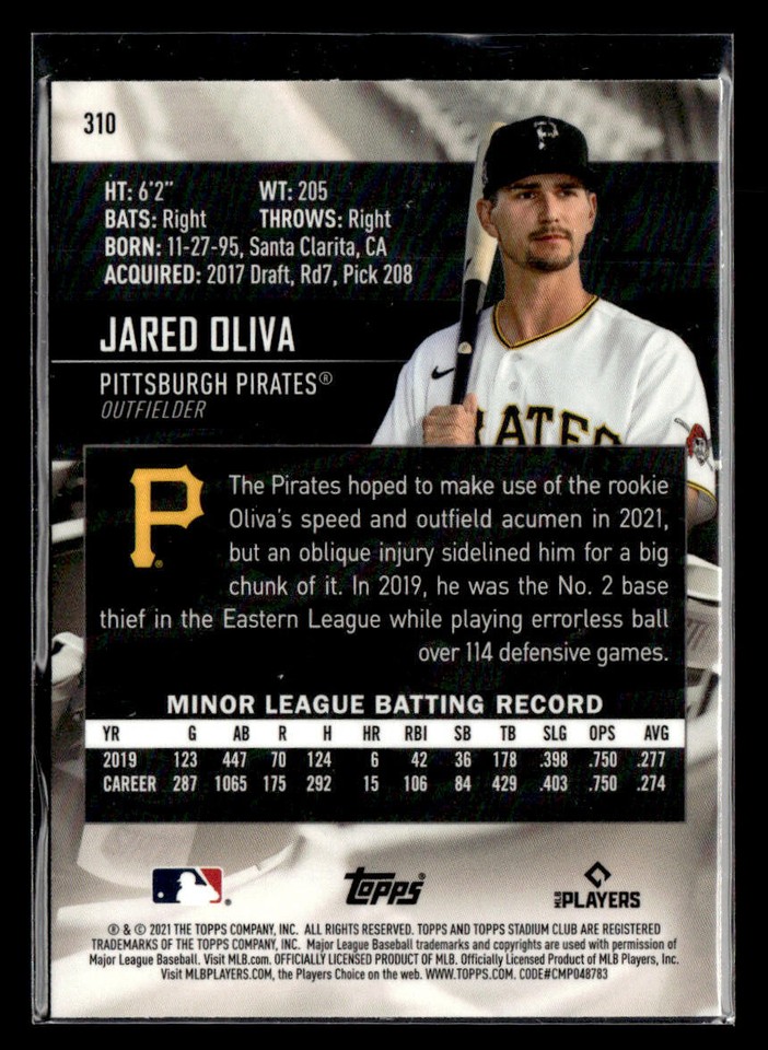 2021 Stadium Club Chrome #310 Jared Oliva Rookie Card Pittsburgh ...