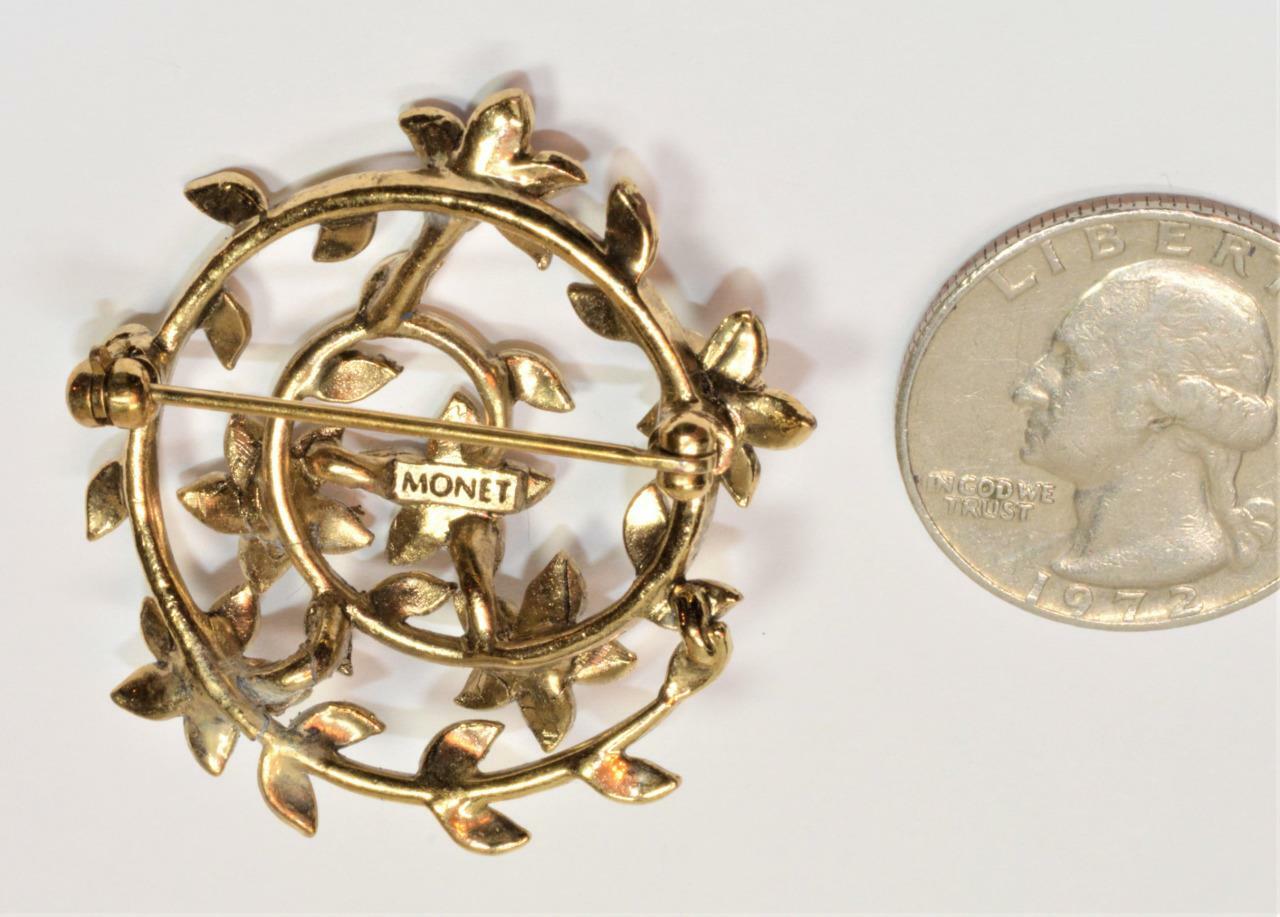 Signed MONET Goldtone Rhinestones Round Shape Pin Bro… - Gem