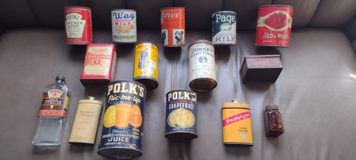 LOT OF ANTIQUE TIN CANS PAPER LABELS GLASS BOTTLES 1800'S ESTATE | eBay