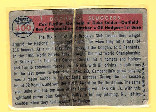 1957 Topps #400 Dodgers' Sluggers w/ Duke Snider Roy Campanella WIFE ...