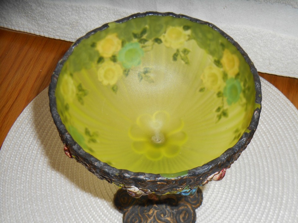 Antique/Vintage Satin Overlay Raised Design Green 8" Pedestal Compote ...