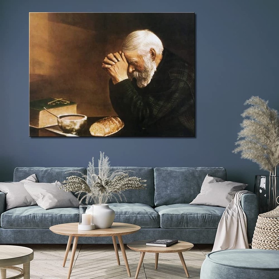 Grace Man Praying Over Bread Print Poster Vintage Painting Canvas ...